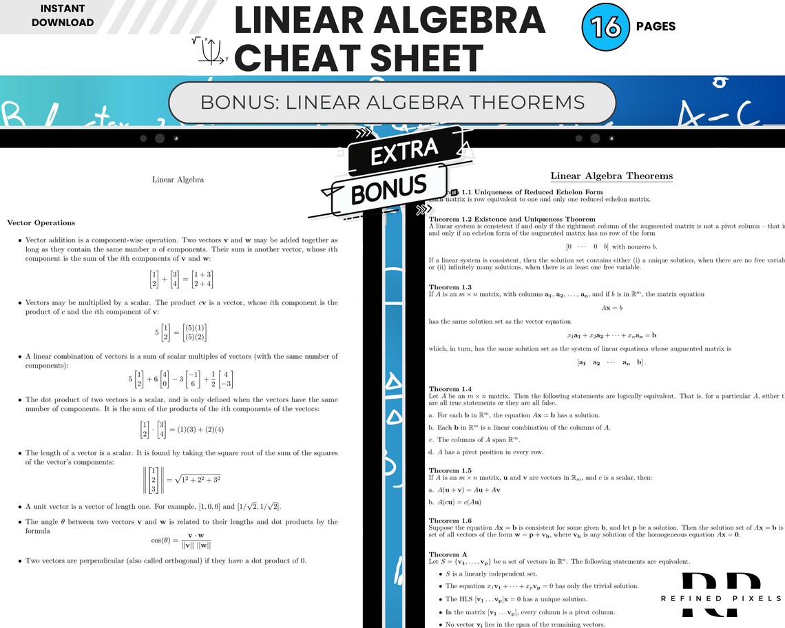 Linear Algebra Algebra Cheat Sheet Linear Algebra Formulas Worksheet ...