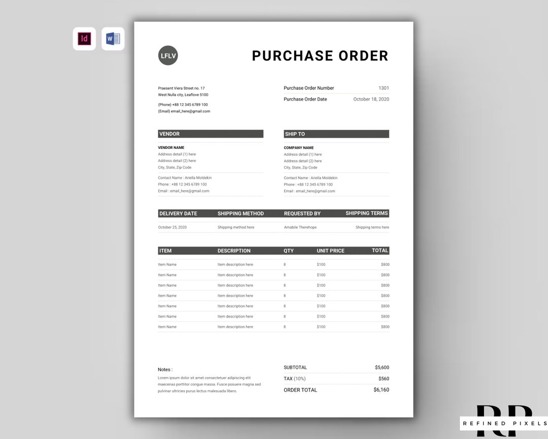 Purchase Order Indesign Template Purchase Template Order Form Editable ...