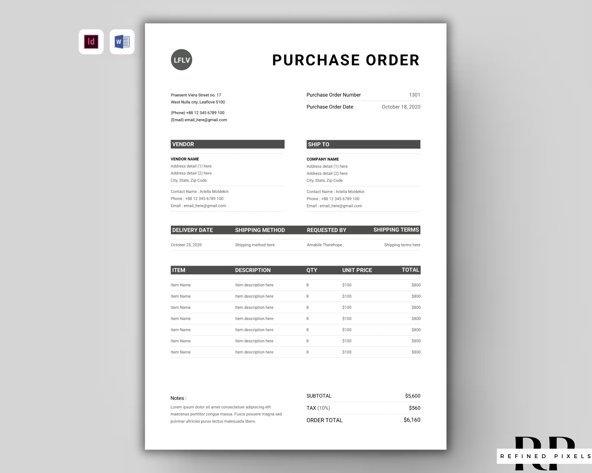 Purchase Order Indesign Template Purchase Template Order Form Editable ...