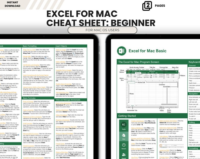 Excel Shortcuts Cheat Sheet for Mac Microsoft Excel Mac Shortcuts Beginner-friendly Keyboard ...