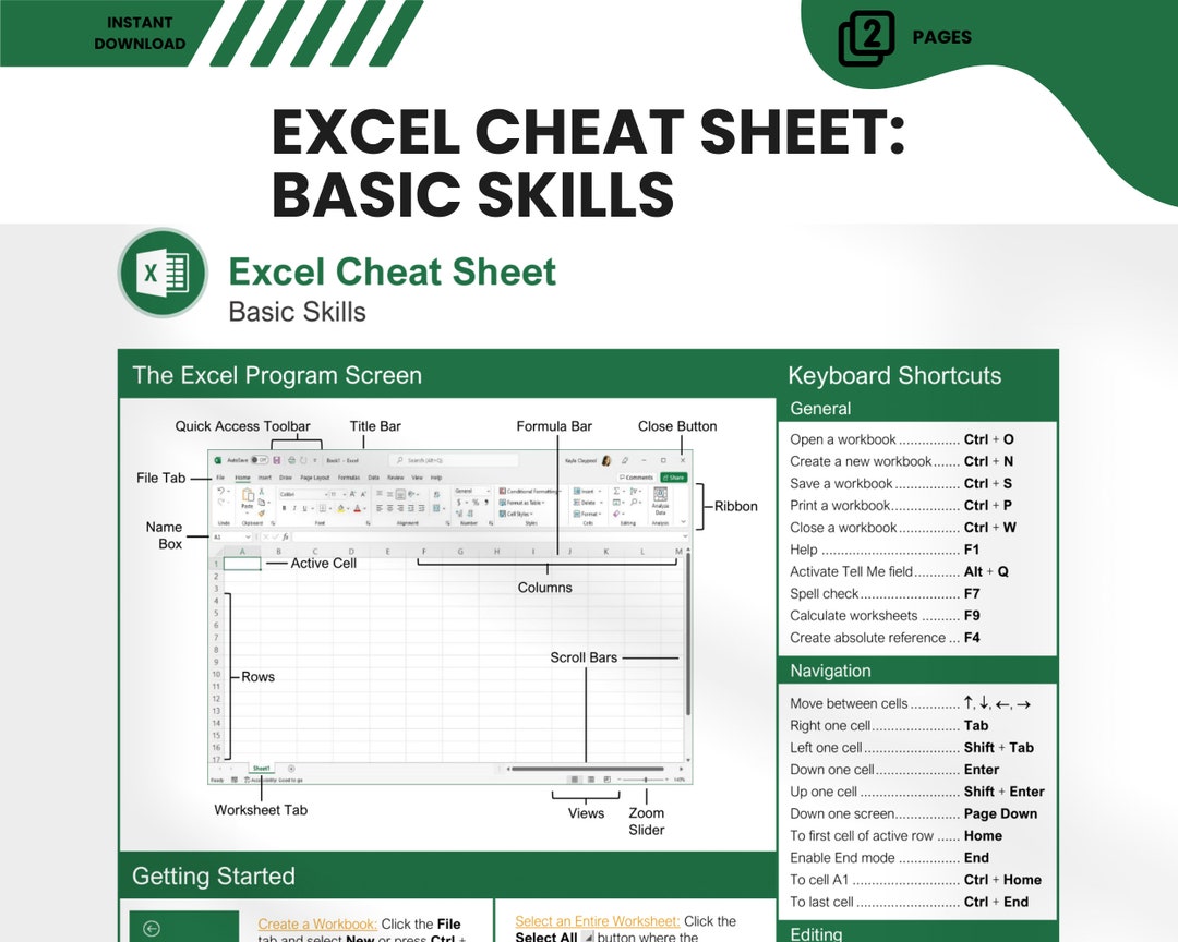Excel Cheat Sheet Beginner Excel Shortcuts PDF Excel PC Key Strokes ...