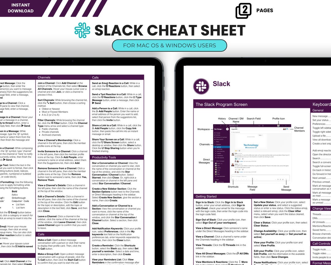 Slack Cheat Sheet Keyboard PC Shortcuts Productivity Tools Utility Shortcuts MacBook Imac ...