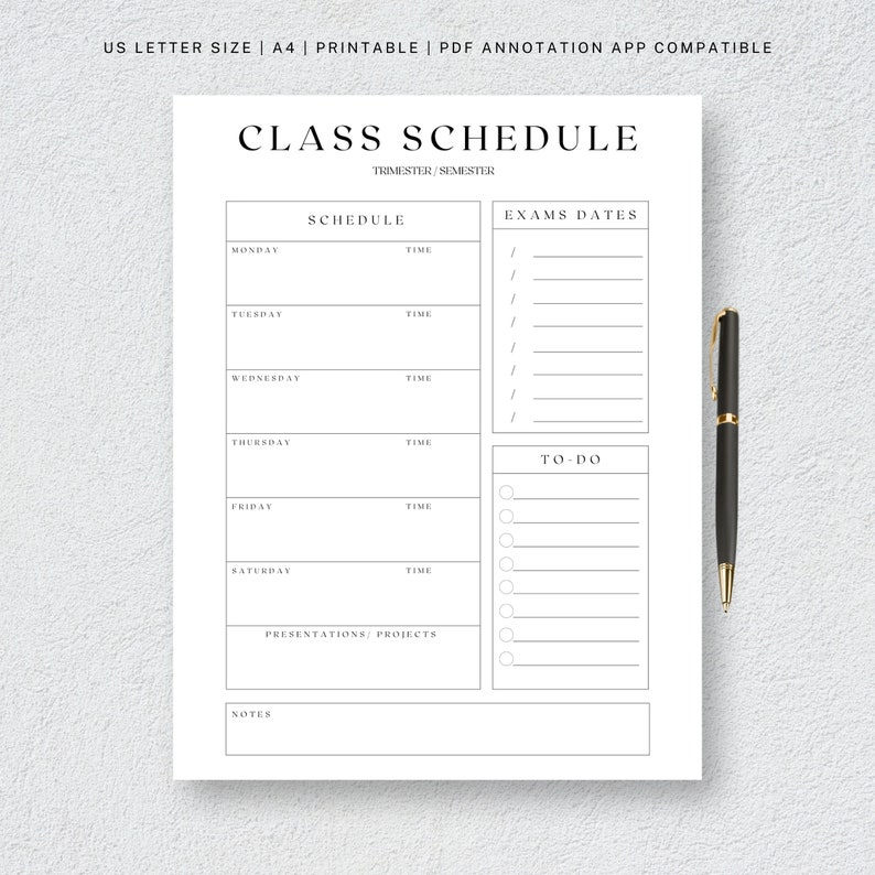 Class Schedule Printable Template Weekly College Planner PDF University ...