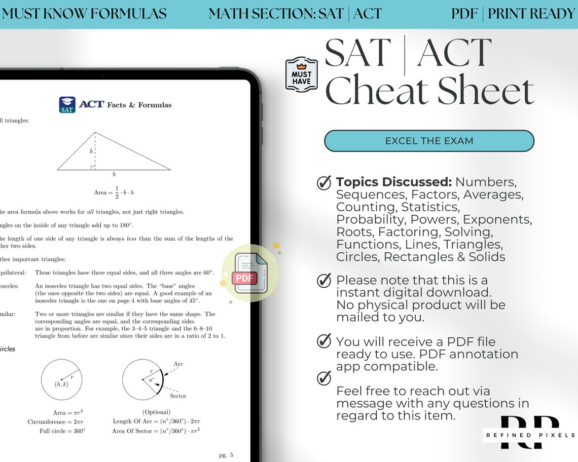 SAT Prep ACT Test Cheat Sheet Template College Prep Exam Sat Test Math ...