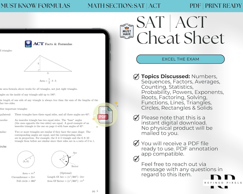 SAT Prep ACT Test Cheat Sheet Template College Prep Exam Sat Test Math ...