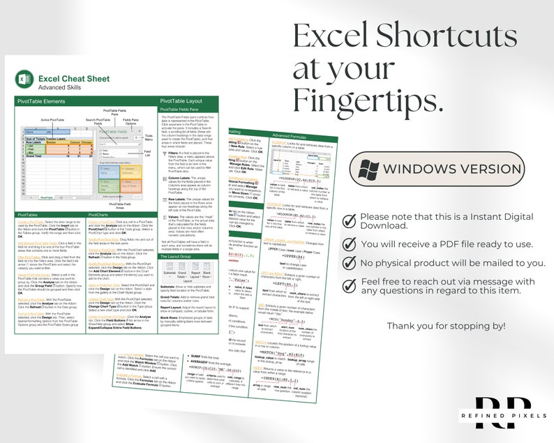 Excel Shortcuts for Windows Excel Shortcut Windows Excel PC Formula Microsoft Excel Guide ...