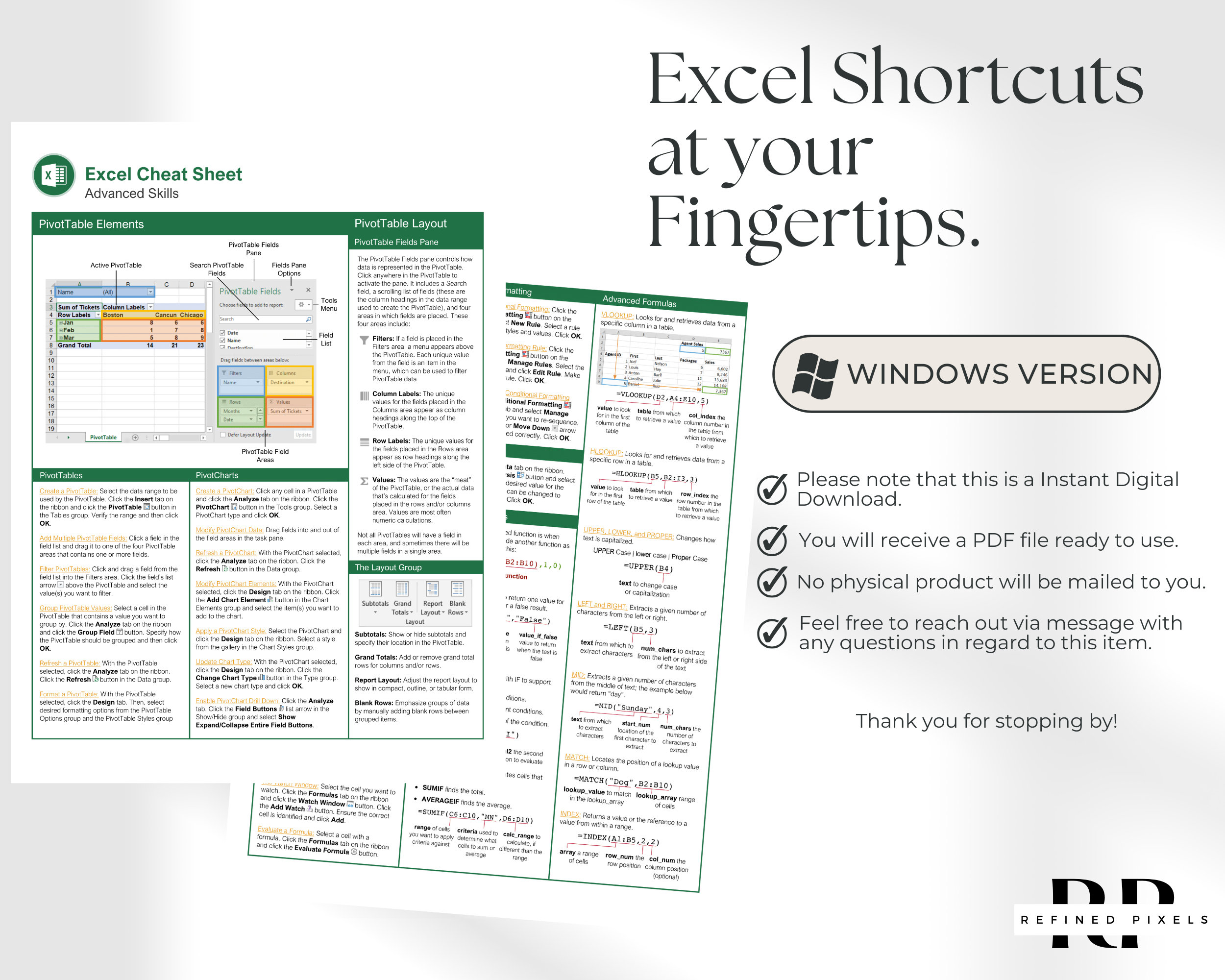 Advanced Excel Shortcuts Cheat Sheet for Windows Excel Productivity PDF ...