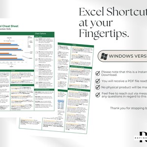 Excel Shortcuts for Windows Excel Cheat Sheet Guide Excel Formulas Microsoft Excel Gift Excel ...
