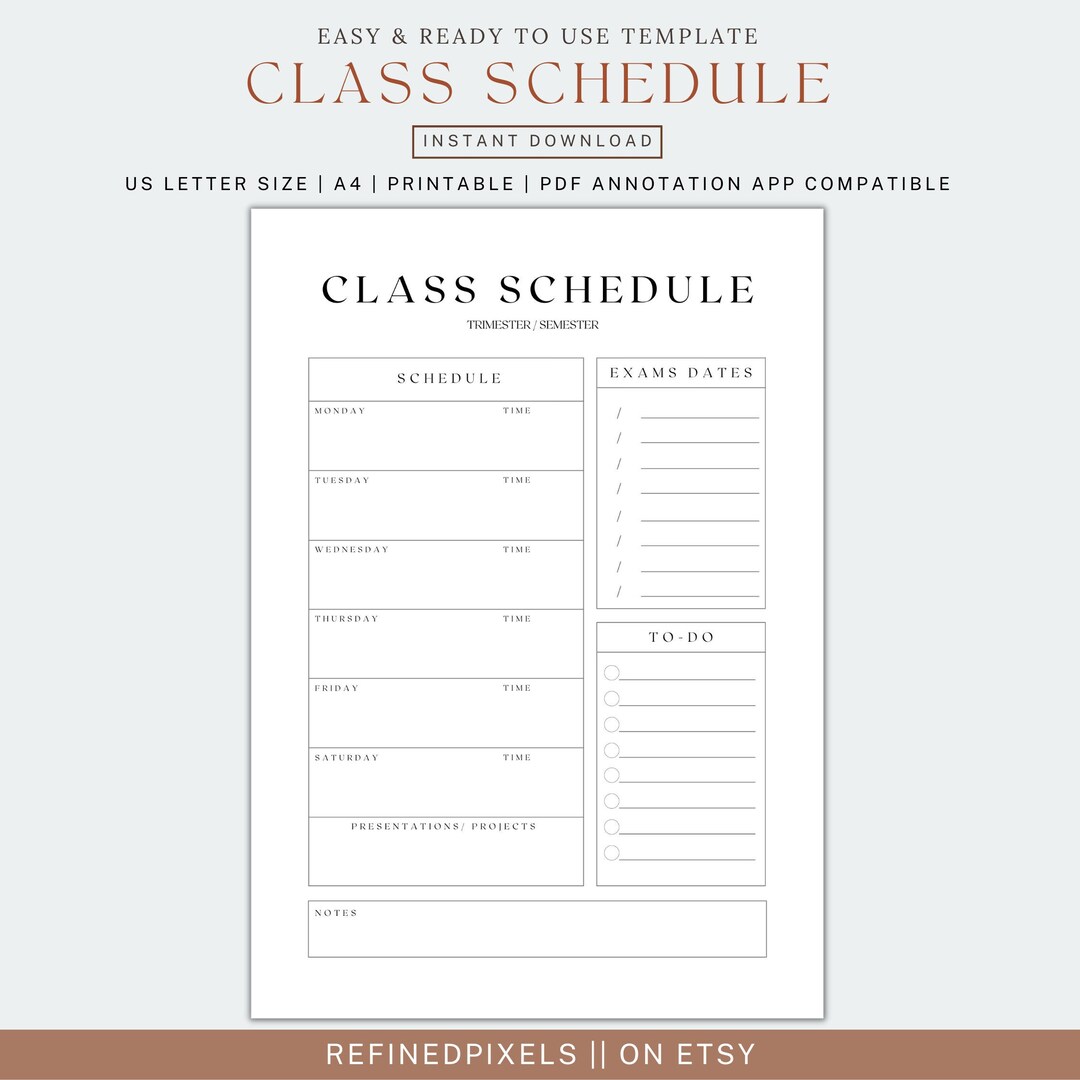 Class Schedule Printable College Schedule Organizer Student Schedule ...