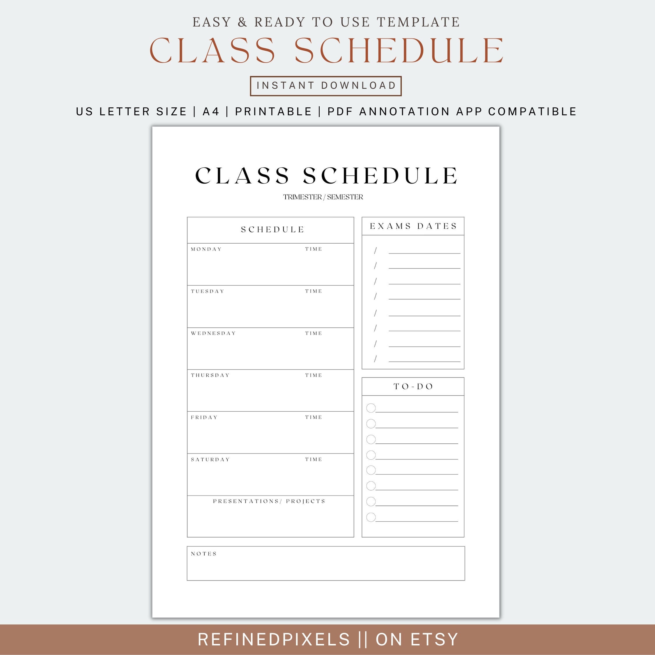 Class Schedule Printable College Schedule Organizer Student Schedule ...