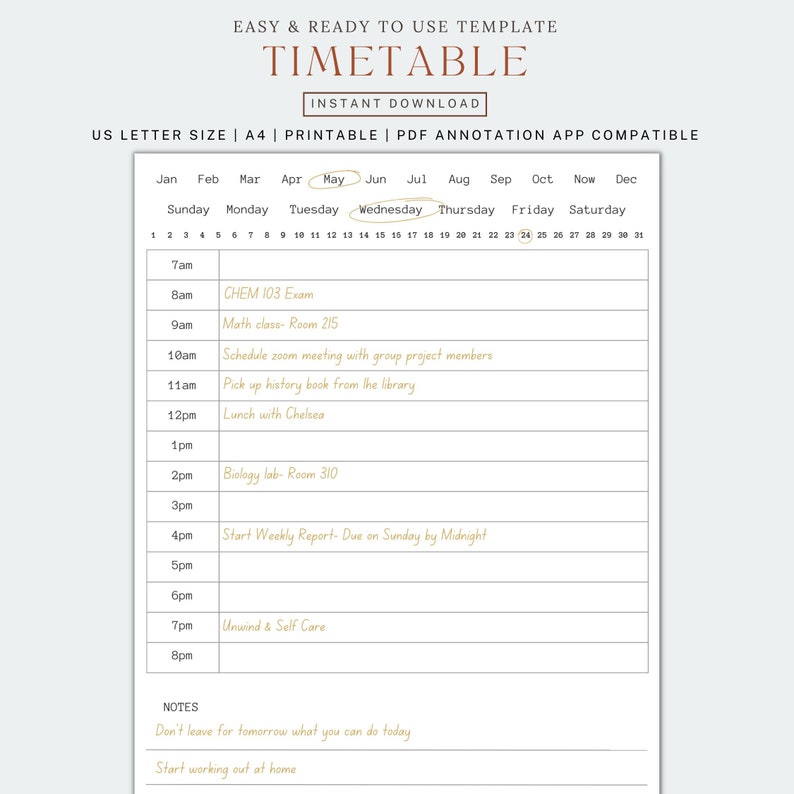 Timetable Printable Class Schedule Student Planner Printable College ...