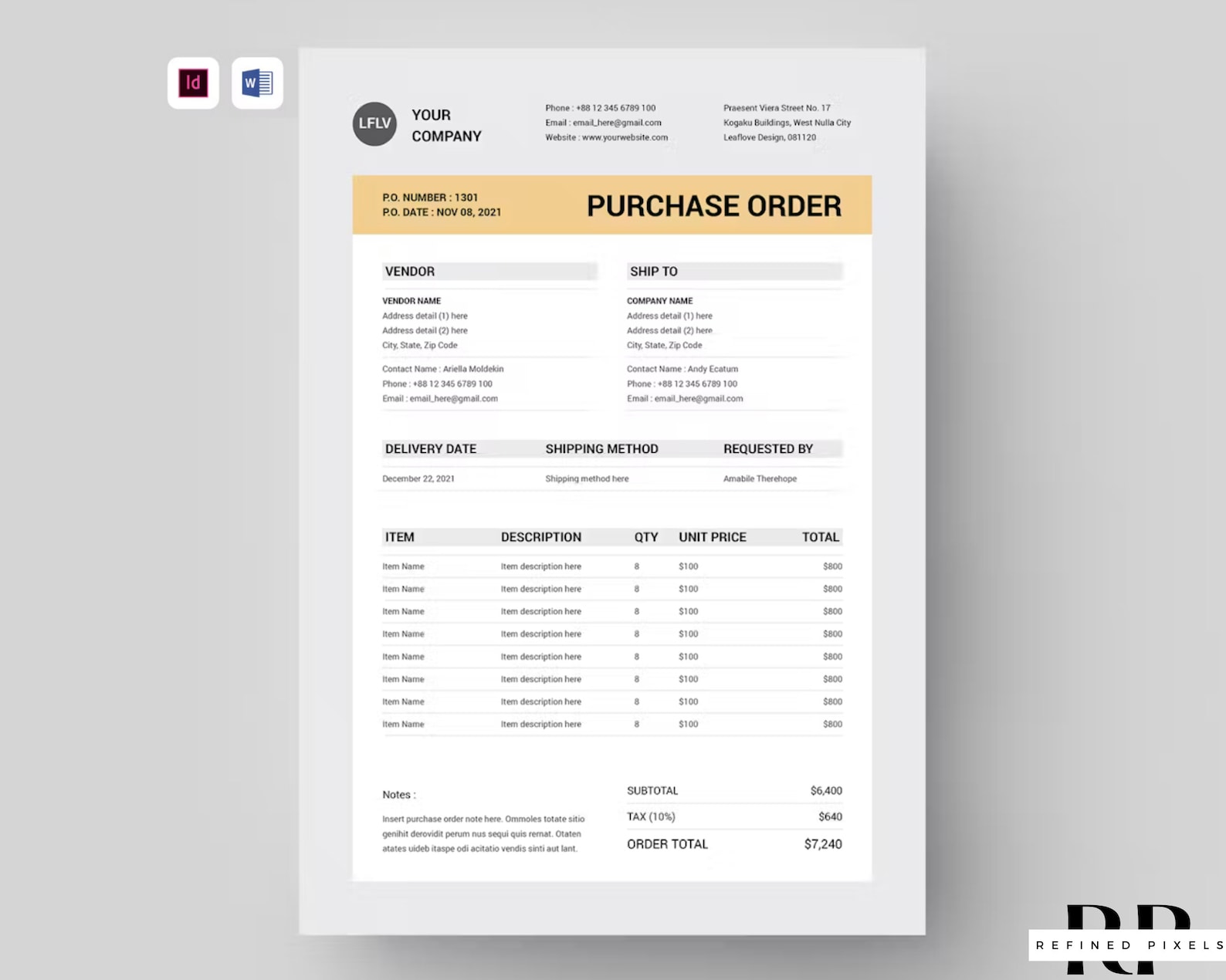 Purchase Order Indesign Template Editable Purchase Order Template Form ...