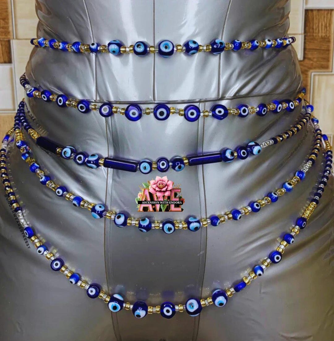 Evil Eye Waist Beads for Protection – Blue & Gold African Waist Jewelry ...