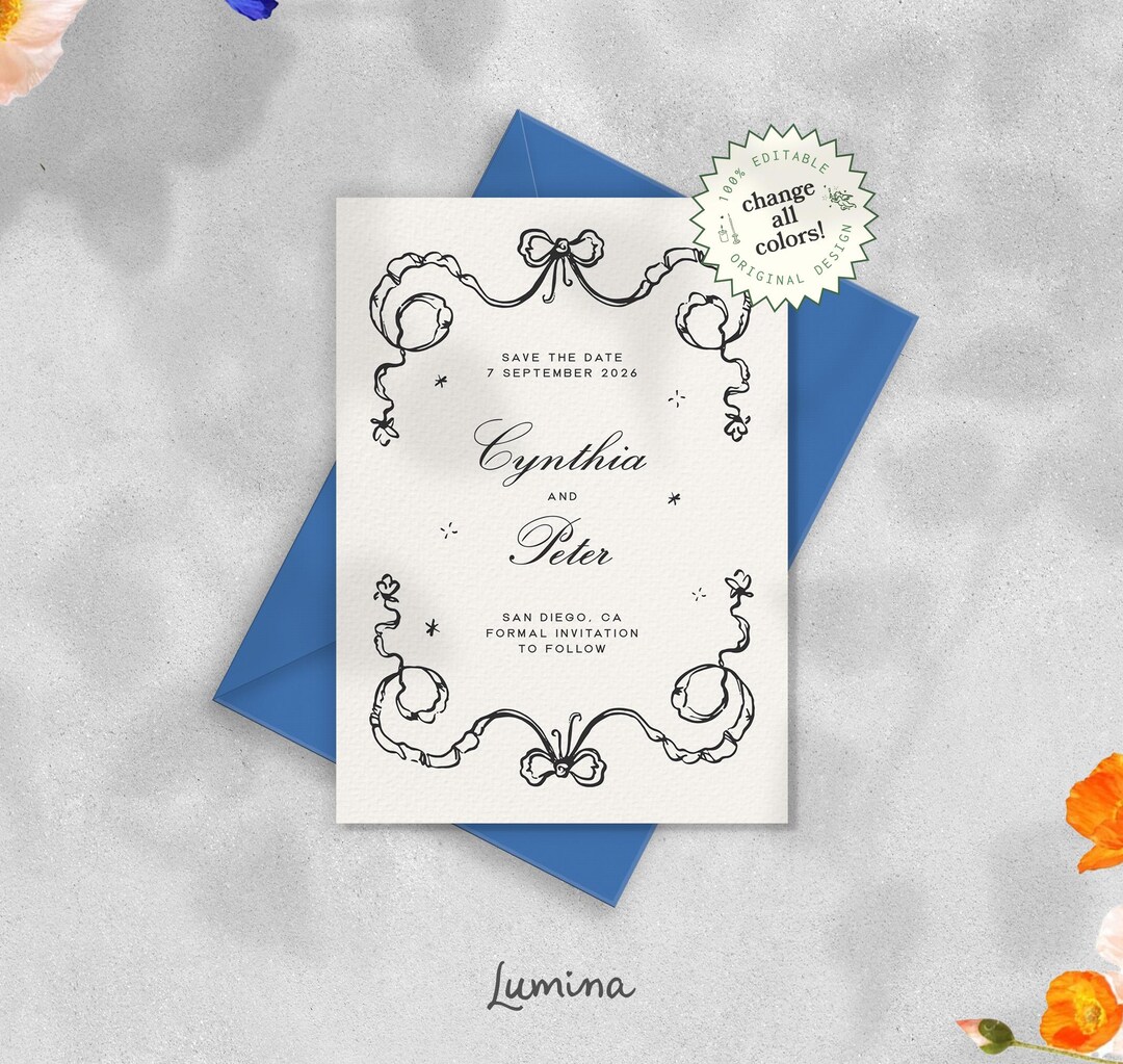 SAVE THE DATE Template, Vintage Hand Drawn Bow Border, Chic Victorian ...