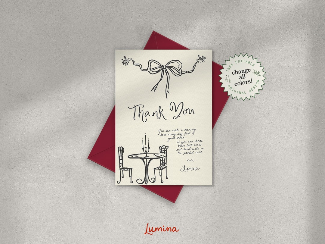 THANK YOU CARD Template, Vintage French Inspired, Hand Drawn, Quirky ...