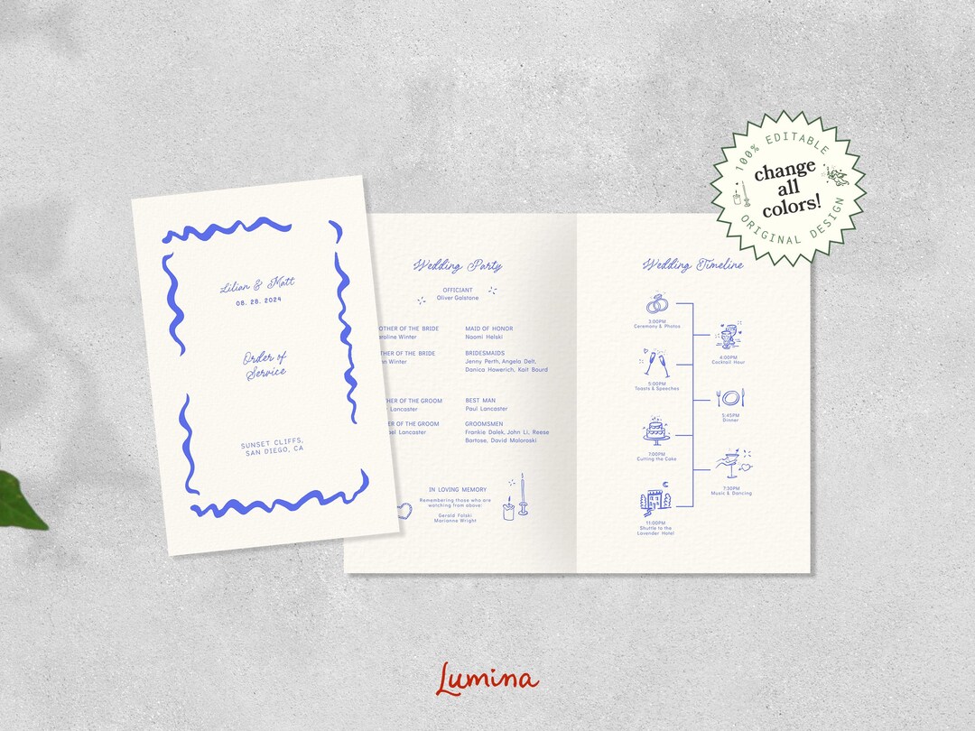 WEDDING CEREMONY PROGRAM Template, Blue Wavy Border, Whimsical Hand ...
