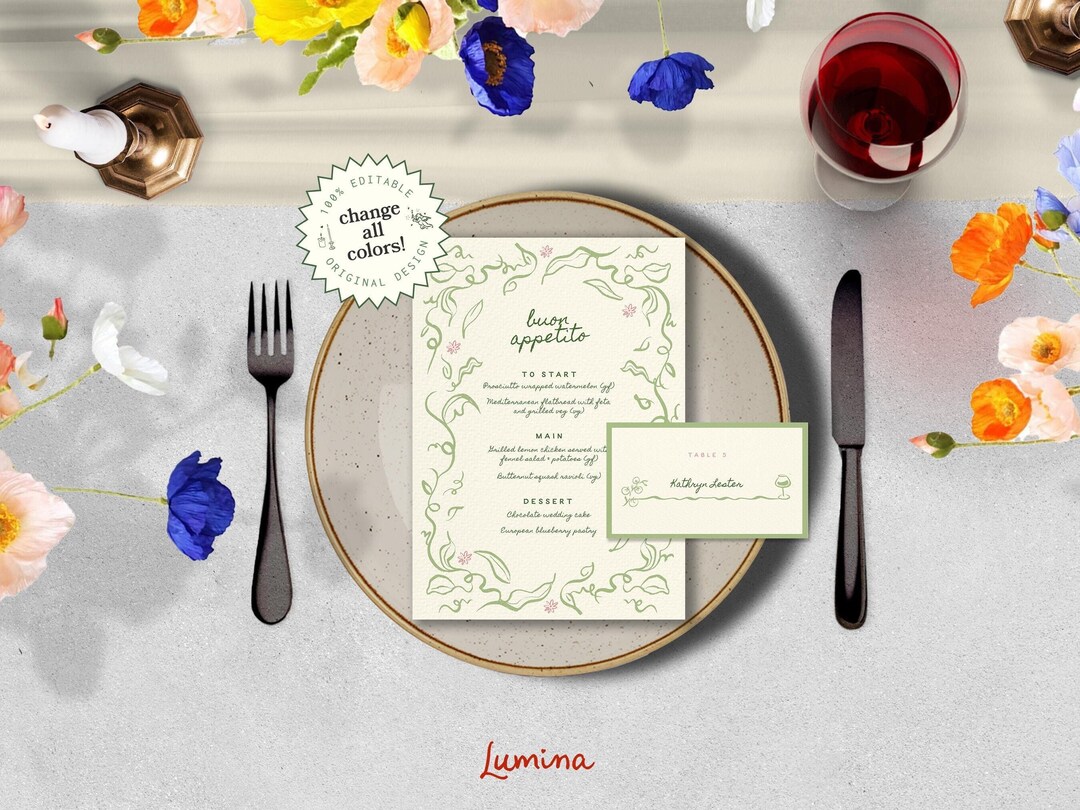 Handwritten Green Menu Template, Whimsical Hand Drawn Vines, Name Card ...