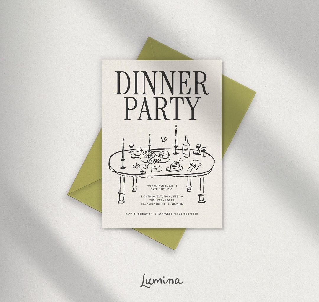 DINNER PARTY INVITE Template, Hand Drawn Birthday Invitation, Whimsical ...