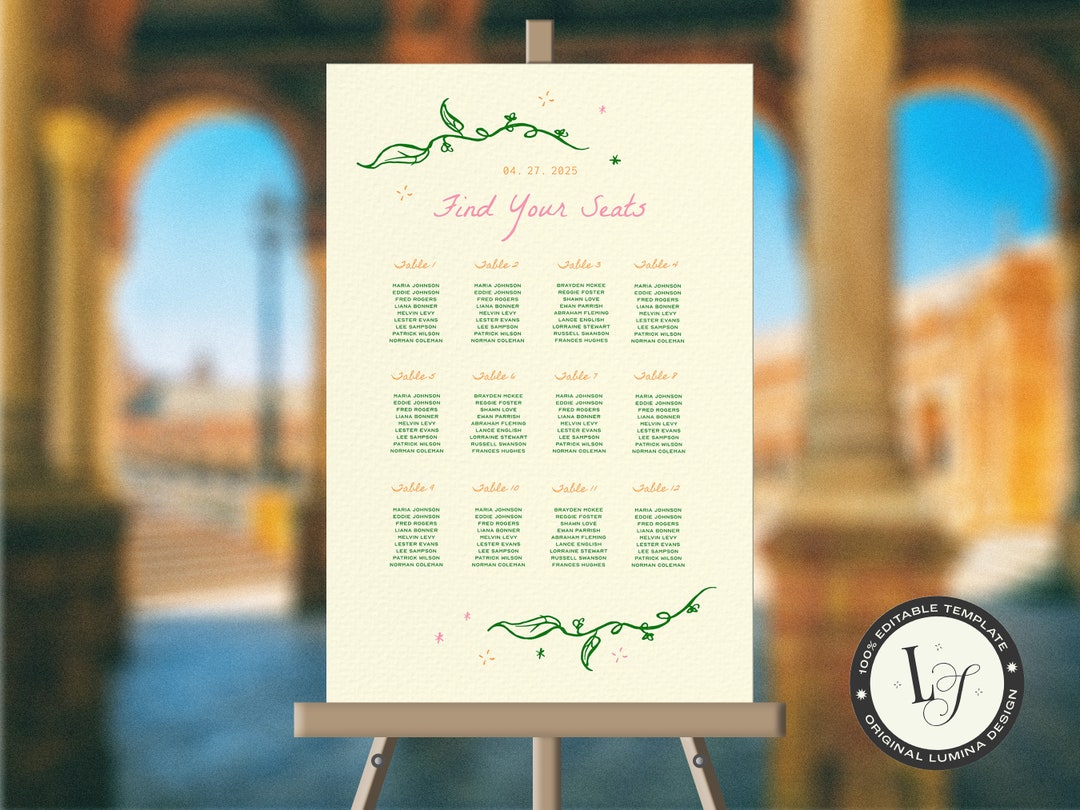WEDDING SEATING CHART Template, Whimsical Garden Party Theme, Unique ...