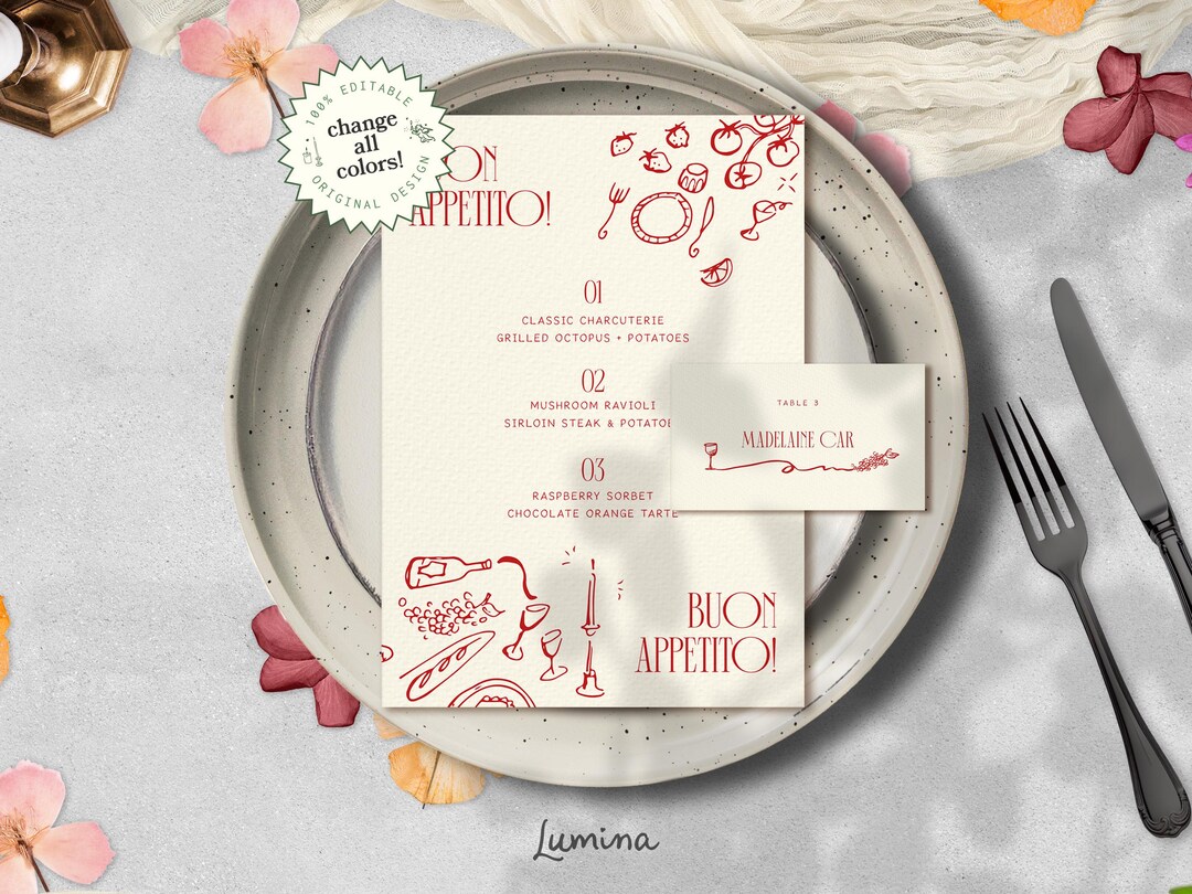 MENU & PLACE CARD Template, Hand Drawn Food Illustrations, Italian ...