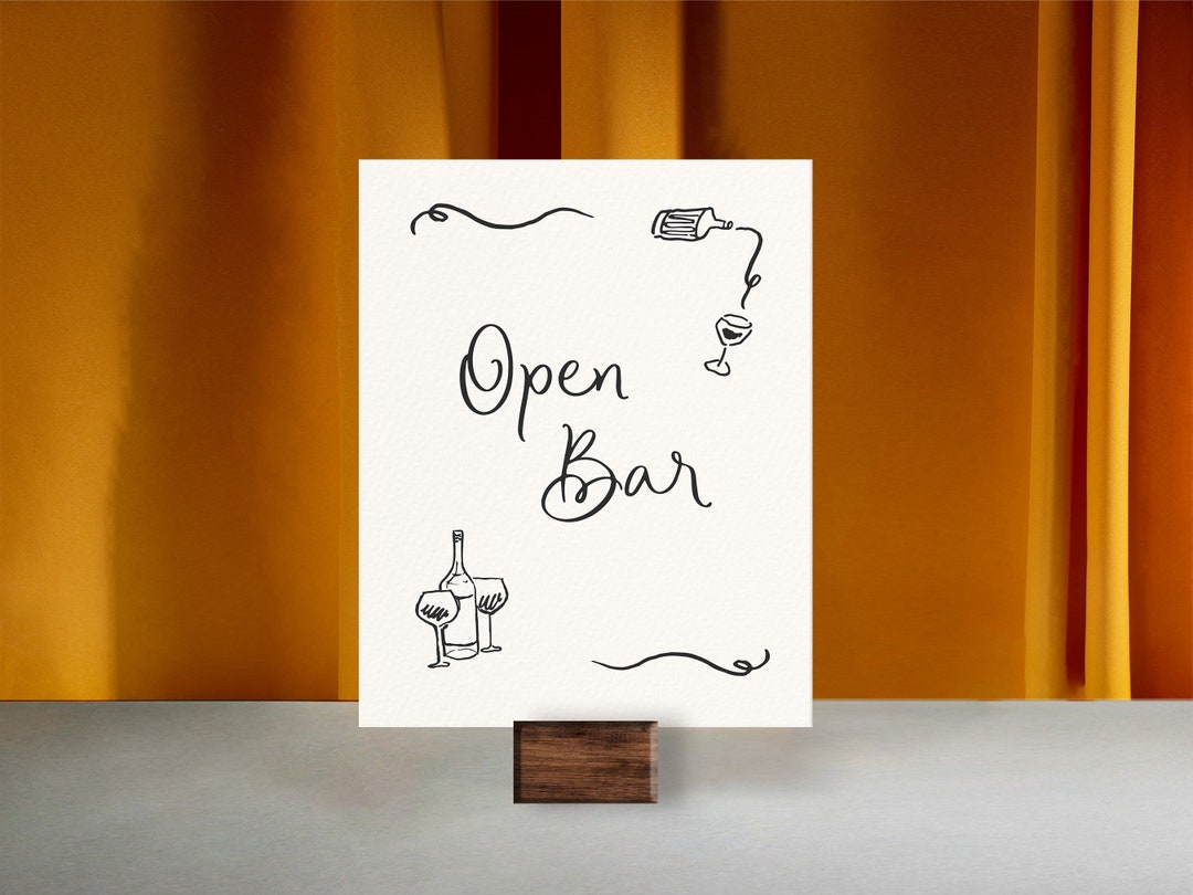 OPEN BAR SIGN Template, Illustrated Wedding Drinks Table Sign, Hand ...