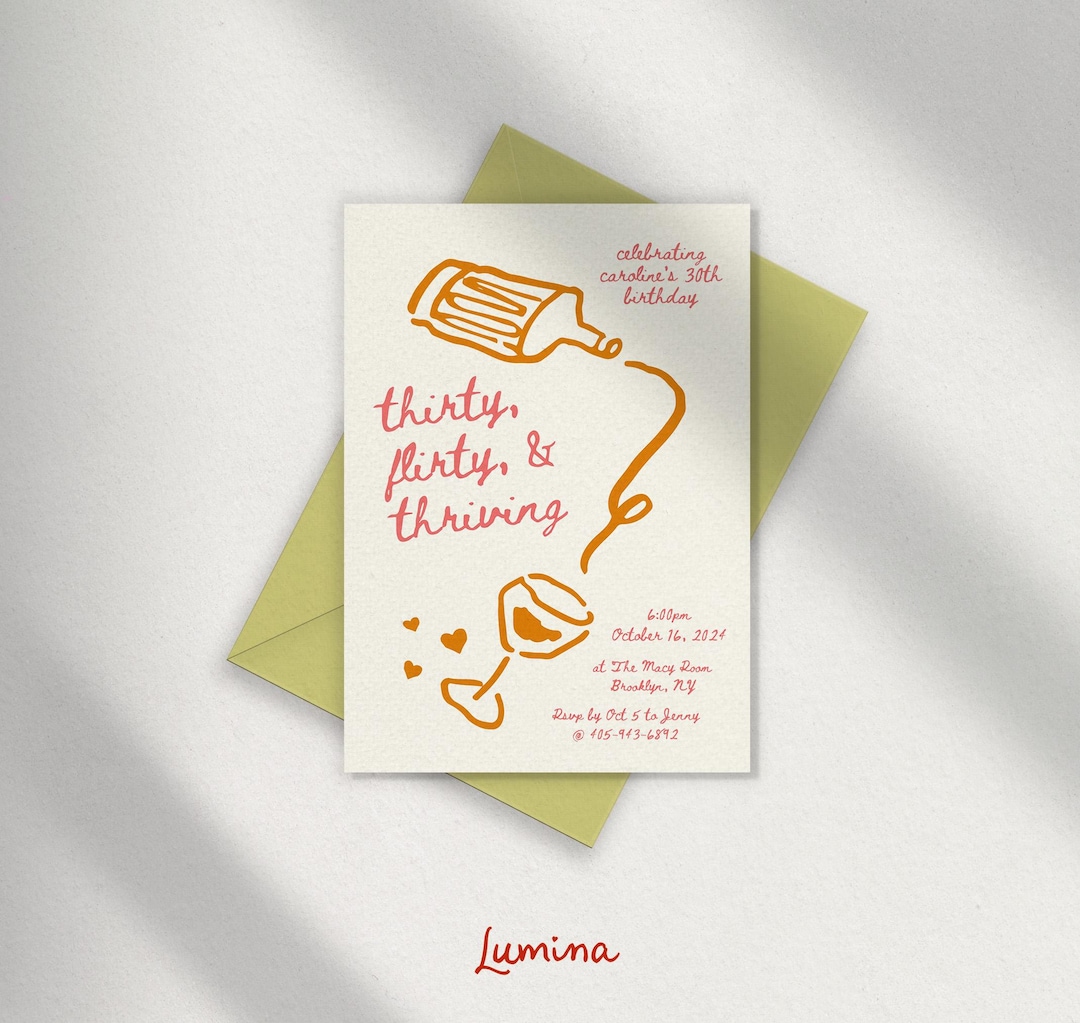 BIRTHDAY PARTY INVITE Template, 30th, Thirty Flirty and Thriving, Hand ...