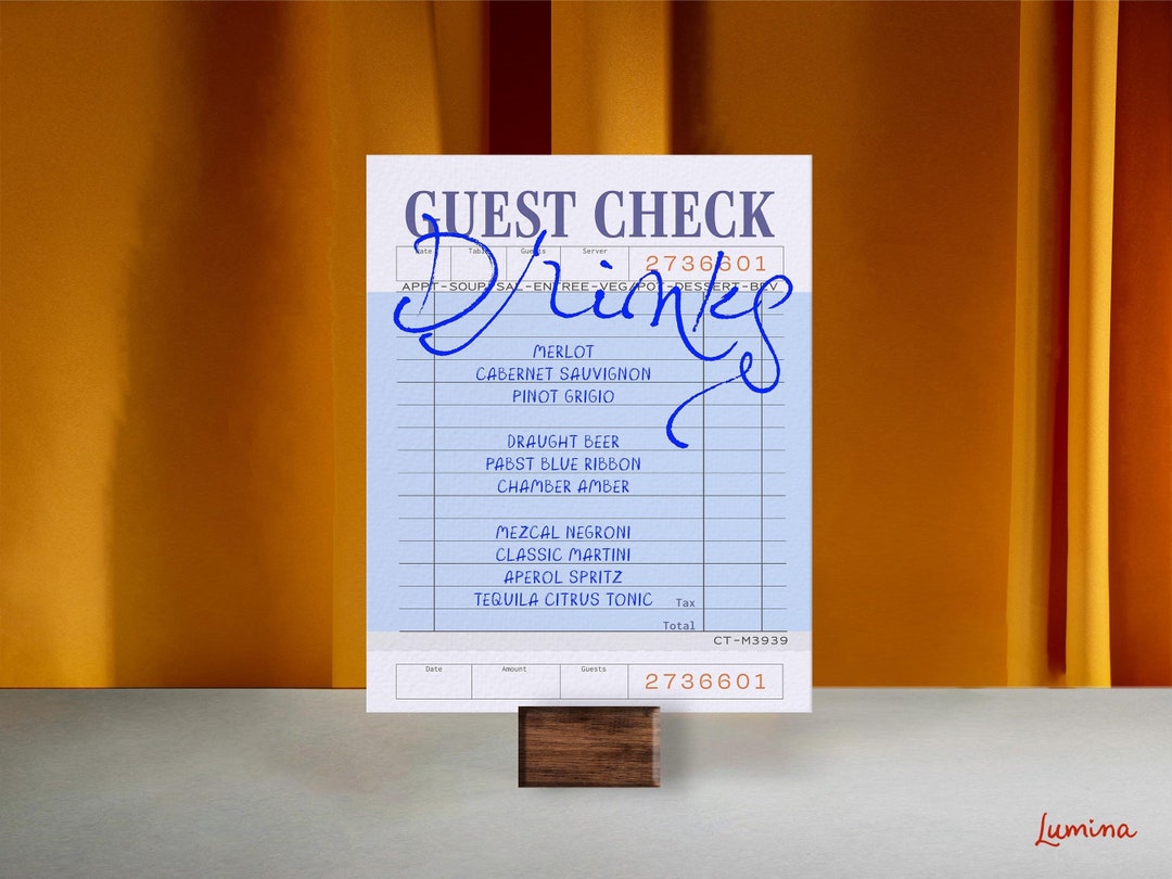 Guest Check Bar Menu Template, Retro Drinks Sign, Classic Vintage Guest ...
