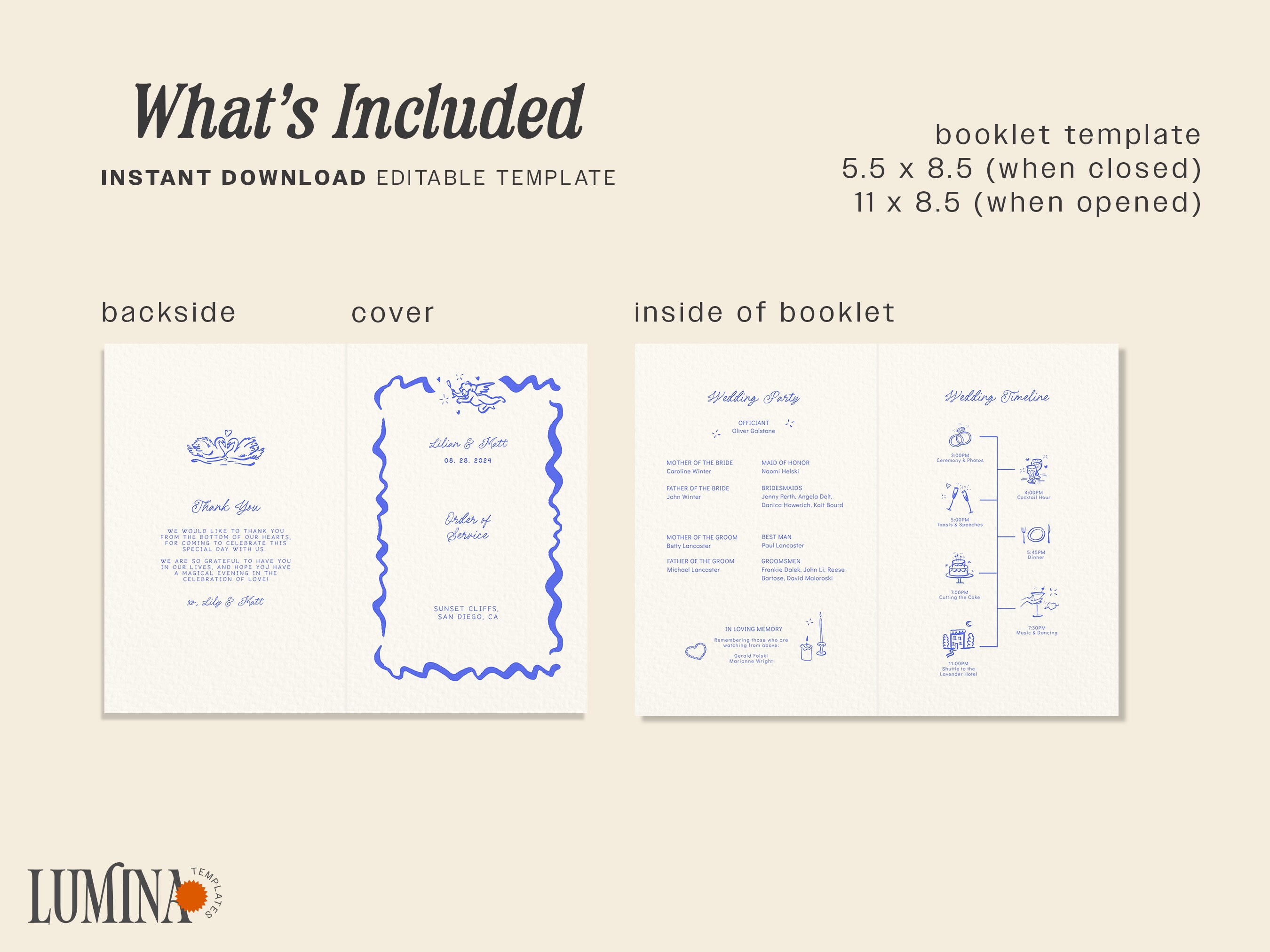 WEDDING CEREMONY PROGRAM Template Blue Wavy Border Whimsical - Etsy