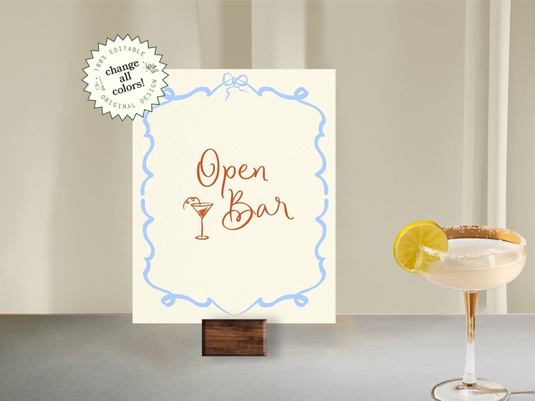 OPEN BAR SIGN Template, Wedding Drinks Signage, Editable Handwritten ...
