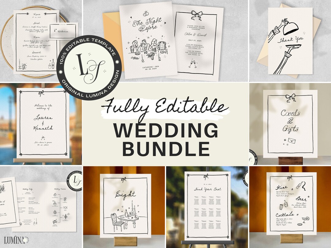 WEDDING TEMPLATES BUNDLE, Hand Drawn Whimsical Wedding Suite, All in ...