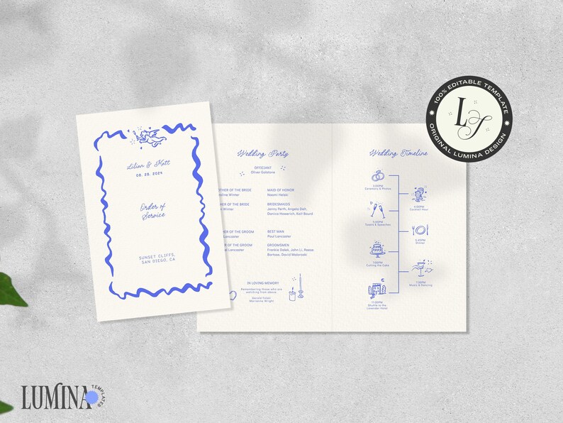 WEDDING CEREMONY PROGRAM Template Blue Wavy Border Whimsical - Etsy