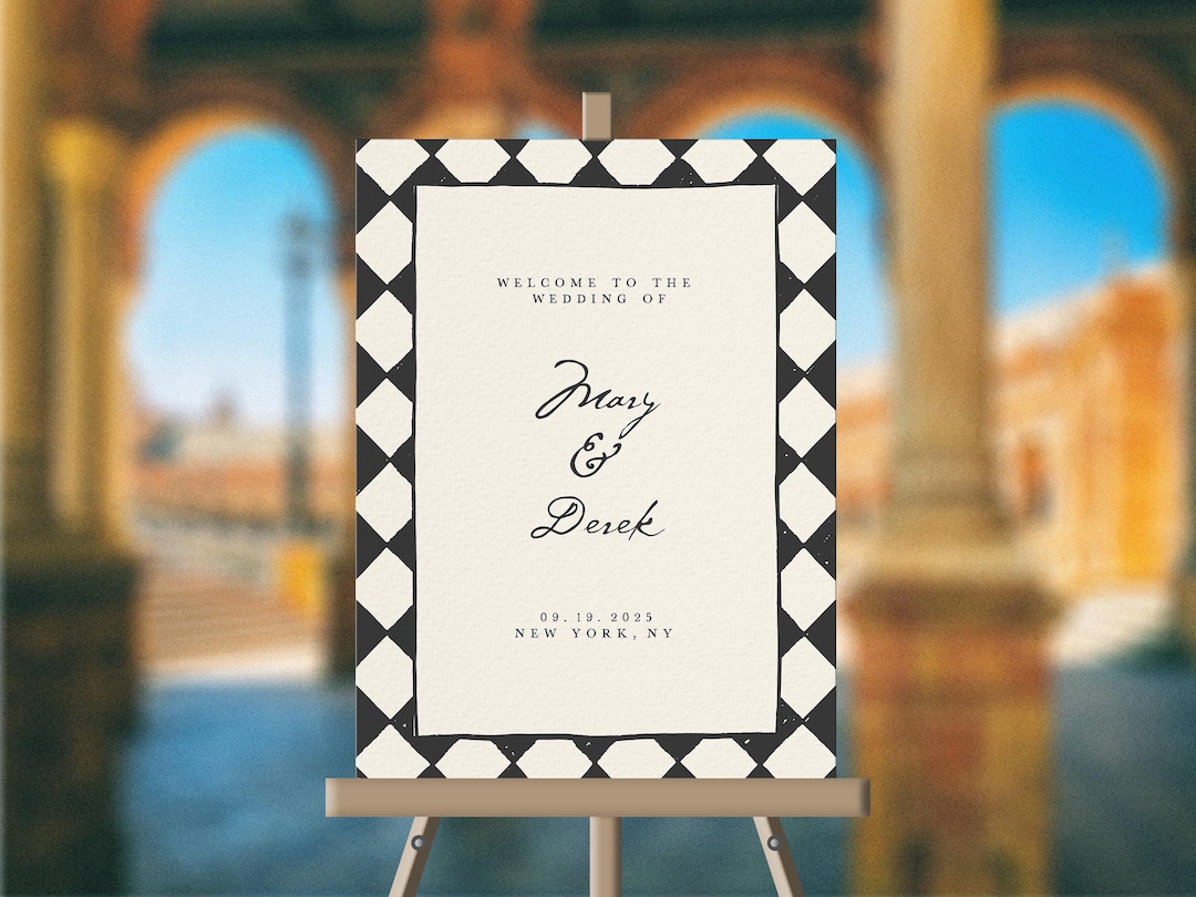 CHECKERED WELCOME SIGN Template, Hand Drawn Diamond Checkered Border ...