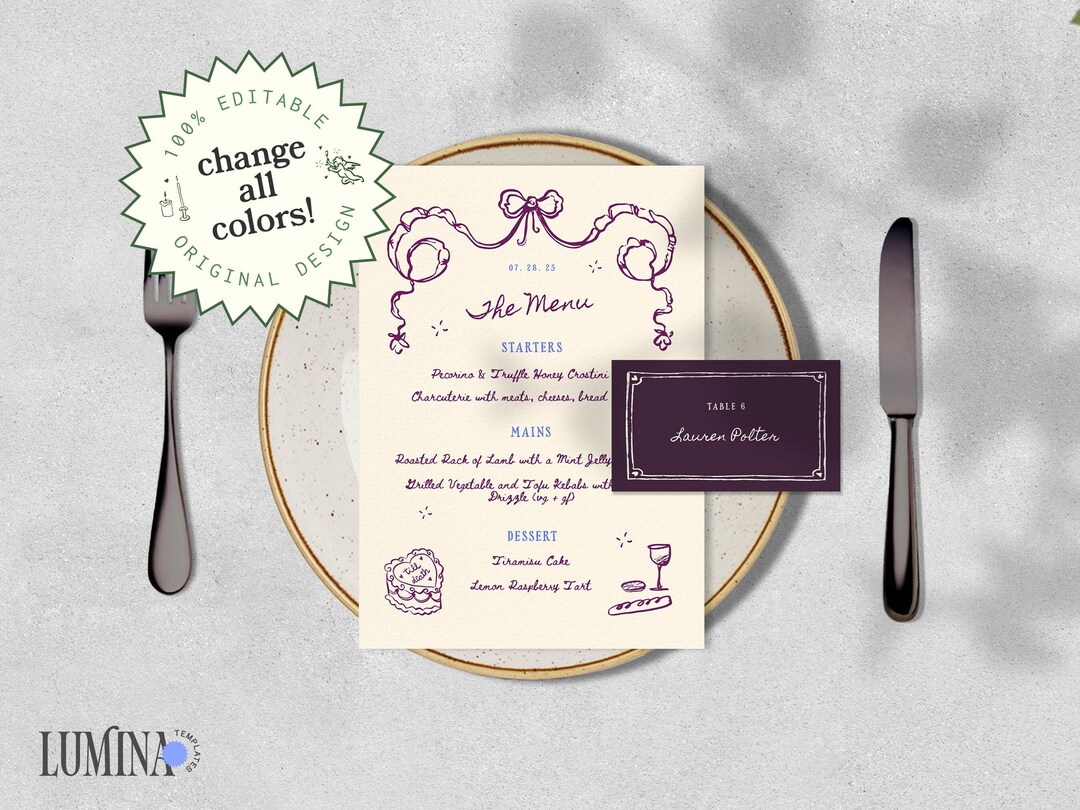 MENU & NAME CARD Template, Hand Drawn Parisian Scribble Illustration ...
