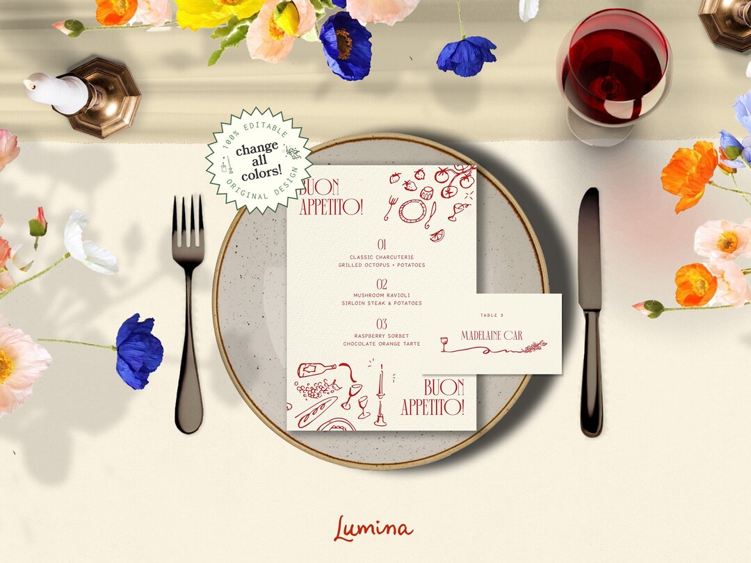 MENU & PLACE CARD Template, Hand Drawn Food Illustrations, Italian ...