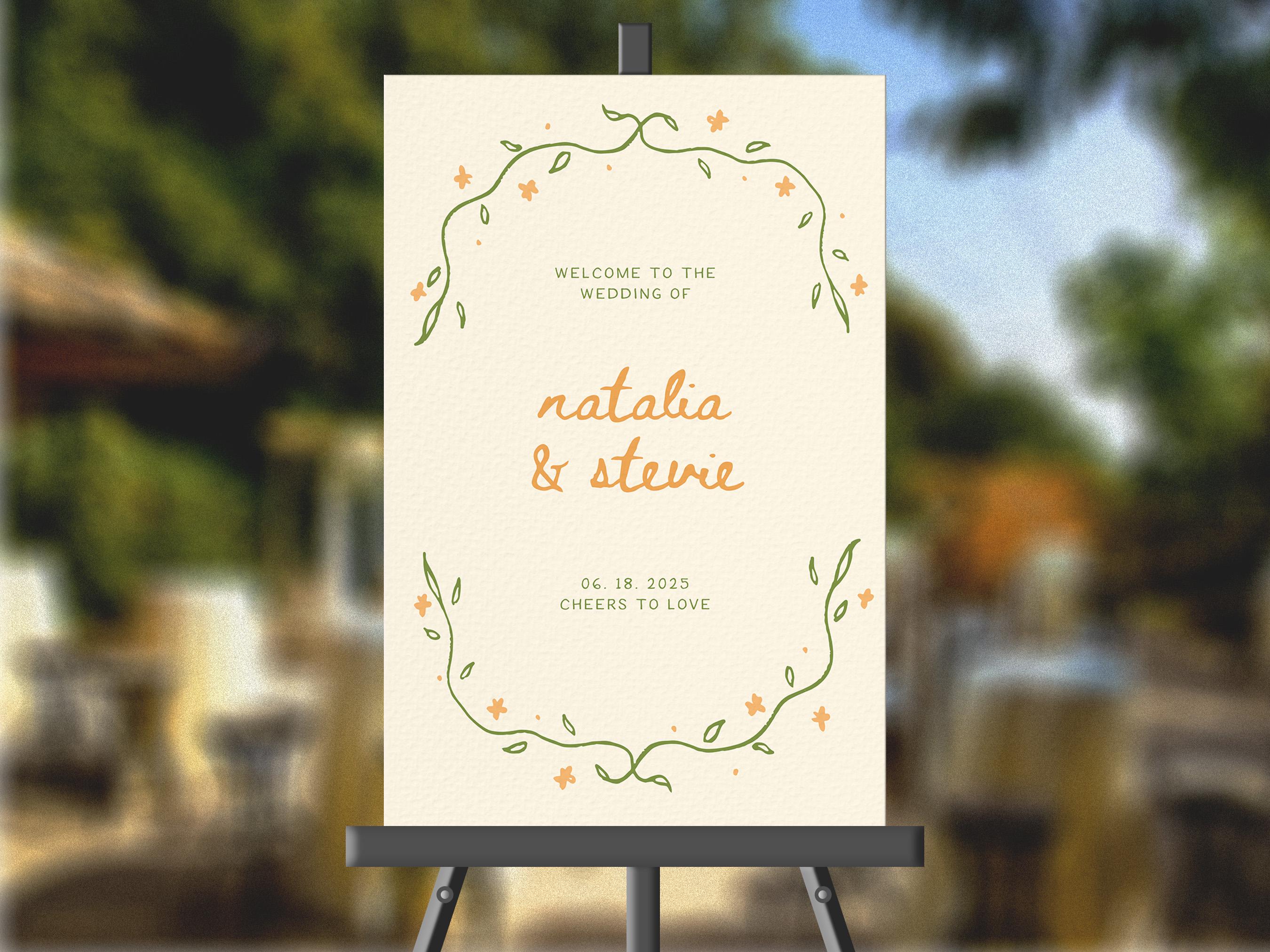 FLORAL WELCOME SIGN Template, Hand Drawn Garden Party, Quirky Greenery ...