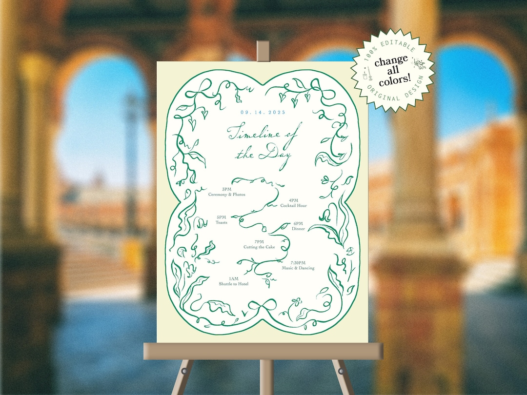 Wedding Timeline Sign Template, Order of the Day Poster, Whimsical Vine ...