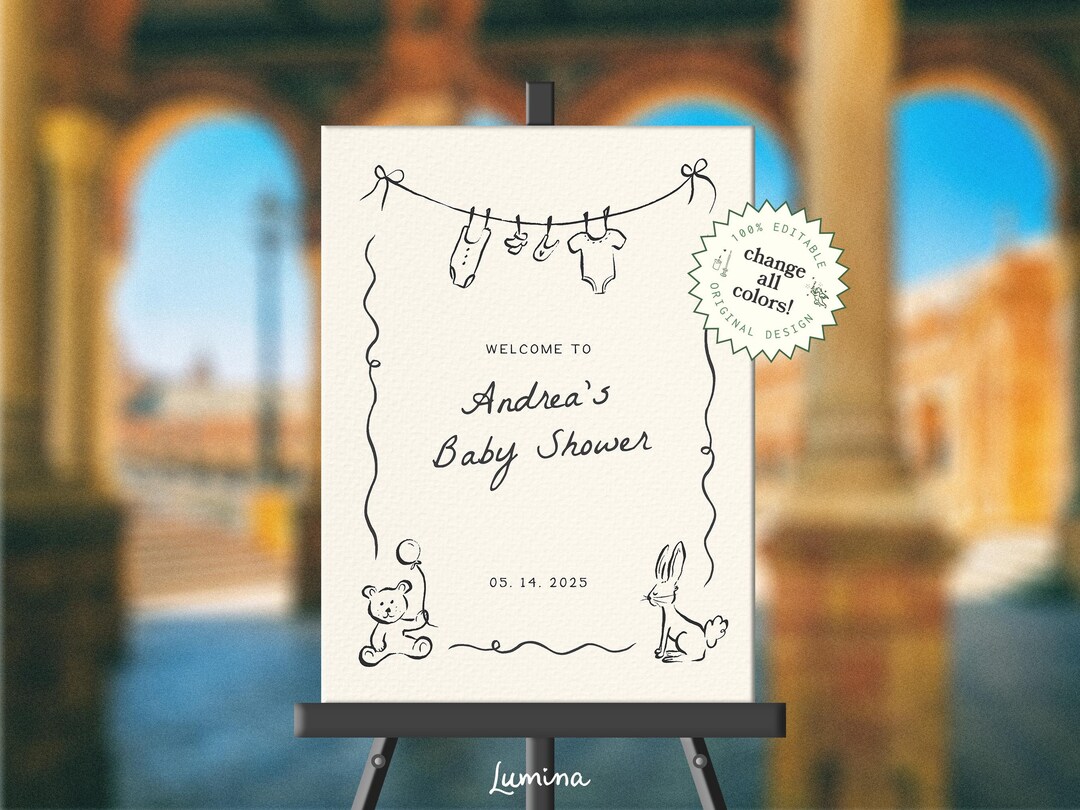 BABY SHOWER WELCOME Sign Template, Hand Drawn Clothes Line, Playful ...