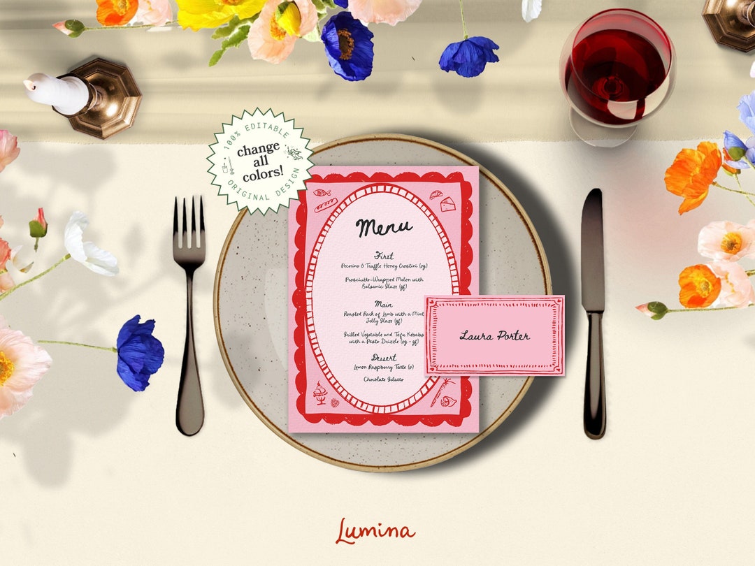 HAND DRAWN MENU Template, Colorful Place Card, Dinner Party Menu ...