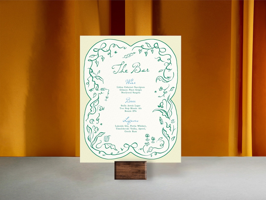 Drinks + Bar Menu Template, Illustrated Wedding Sign, Garden Party ...