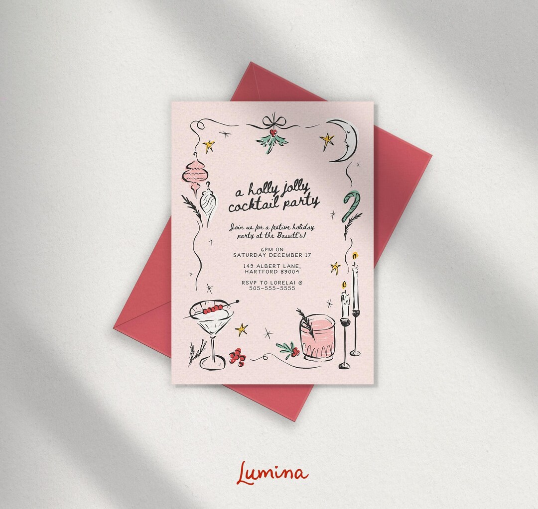 HOLIDAY PARTY INVITE Template, Hand Drawn Christmas Cocktail Party ...
