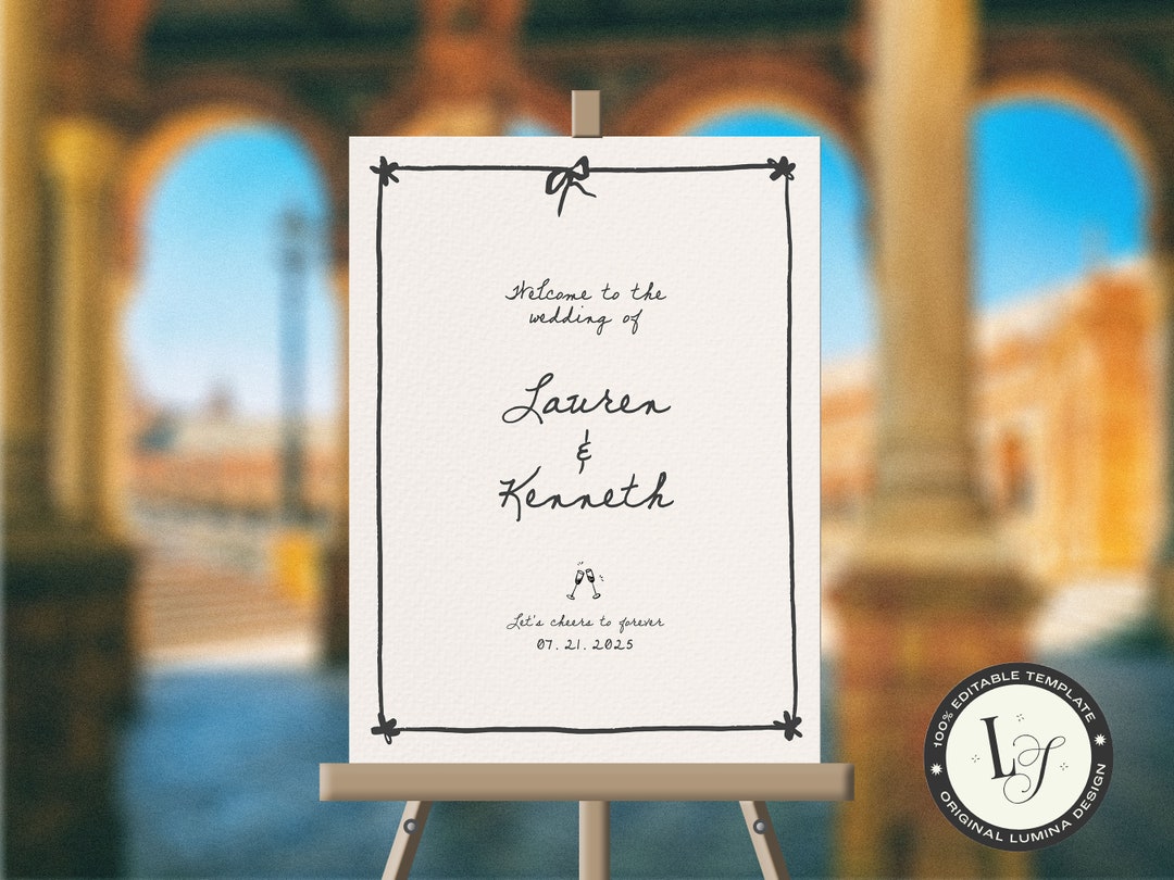 WEDDING WELCOME SIGN Template, Black & White Whimsical Bow, Hand Drawn ...