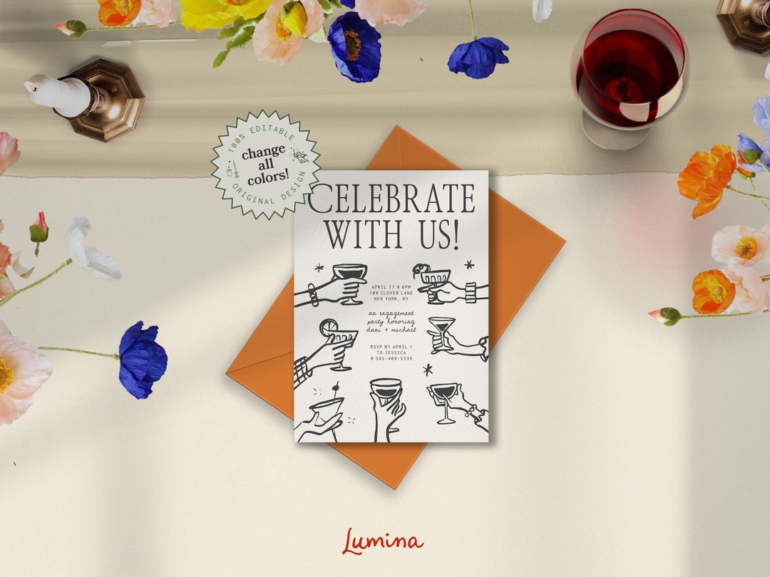 PARTY INVITATION TEMPLATE, Hand Drawn Engagement Celebration ...
