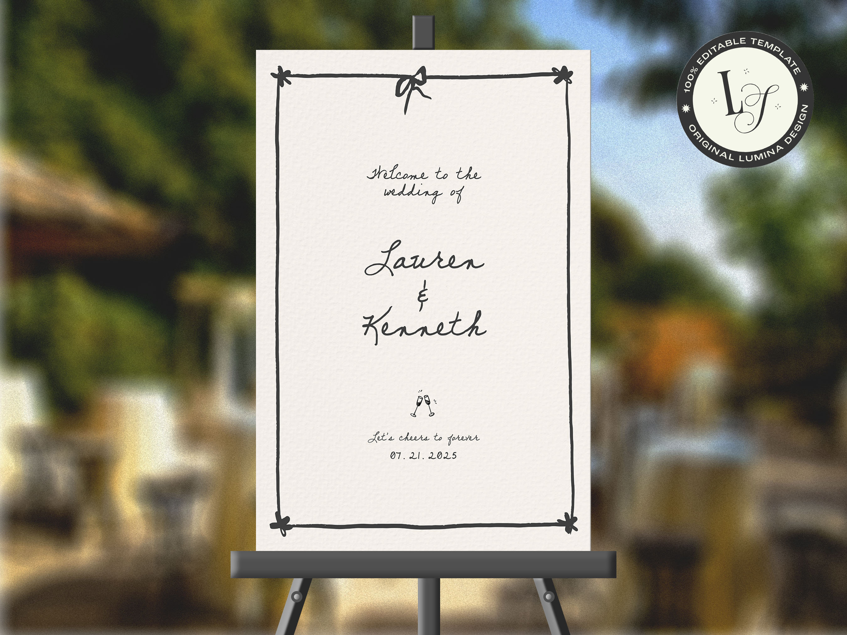 WEDDING WELCOME SIGN Template, Black & White Whimsical Bow, Hand Drawn ...