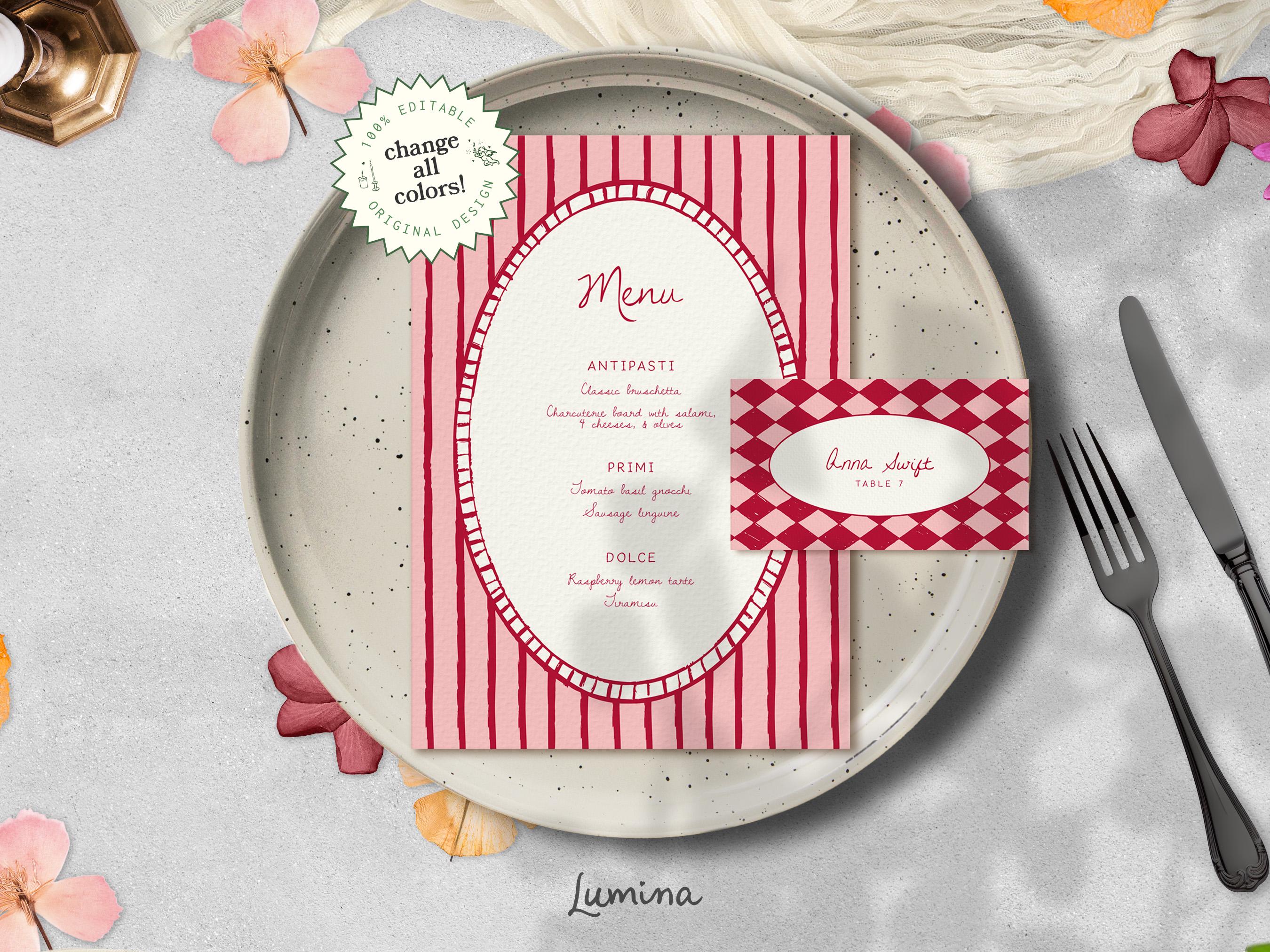 MENU & PLACE CARD Template, Funky Striped Wedding, Red Pink Checkered ...