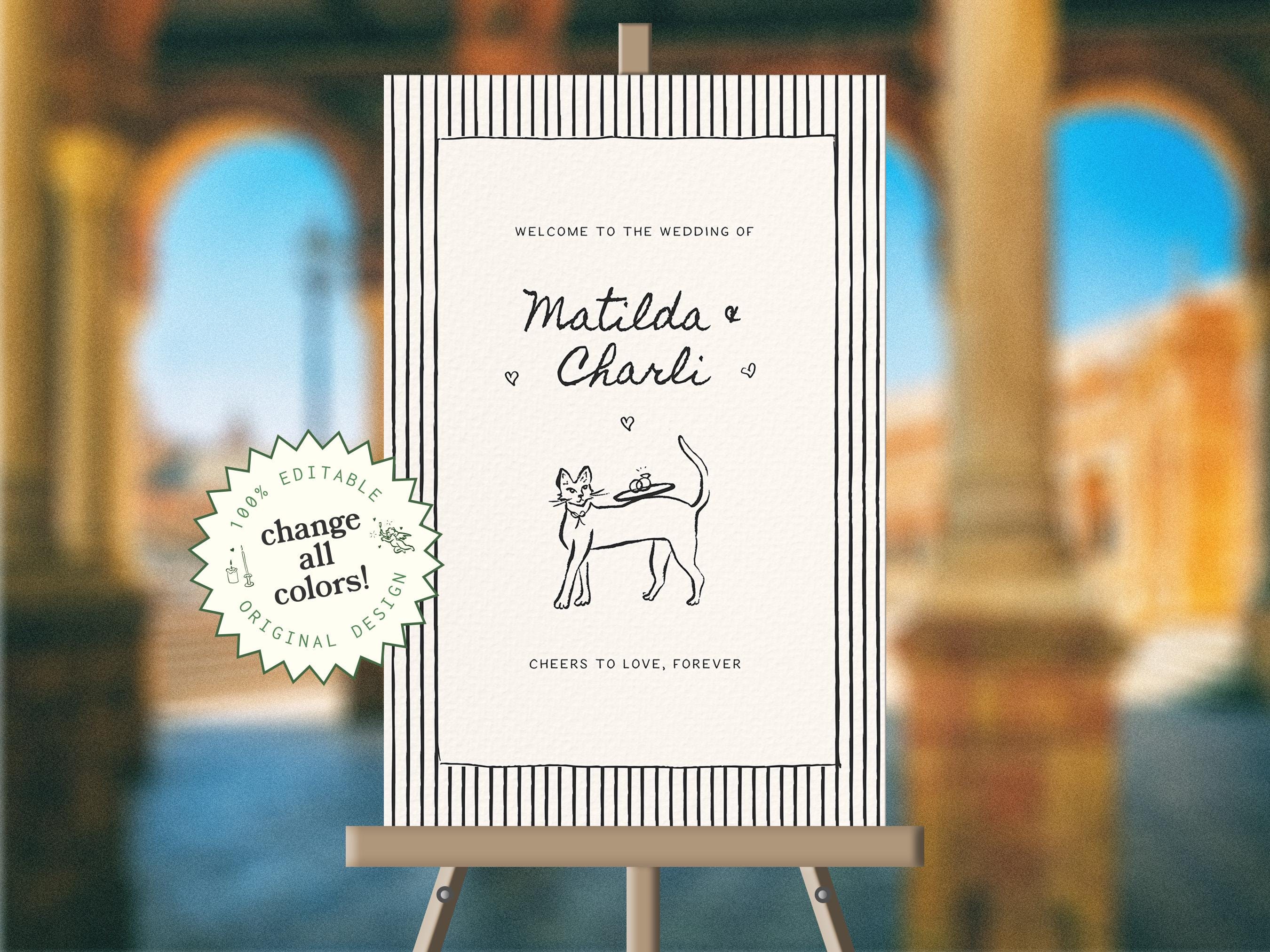 Wedding Welcome Sign Template, Cat Illustration, Hand Drawn Event Sign ...