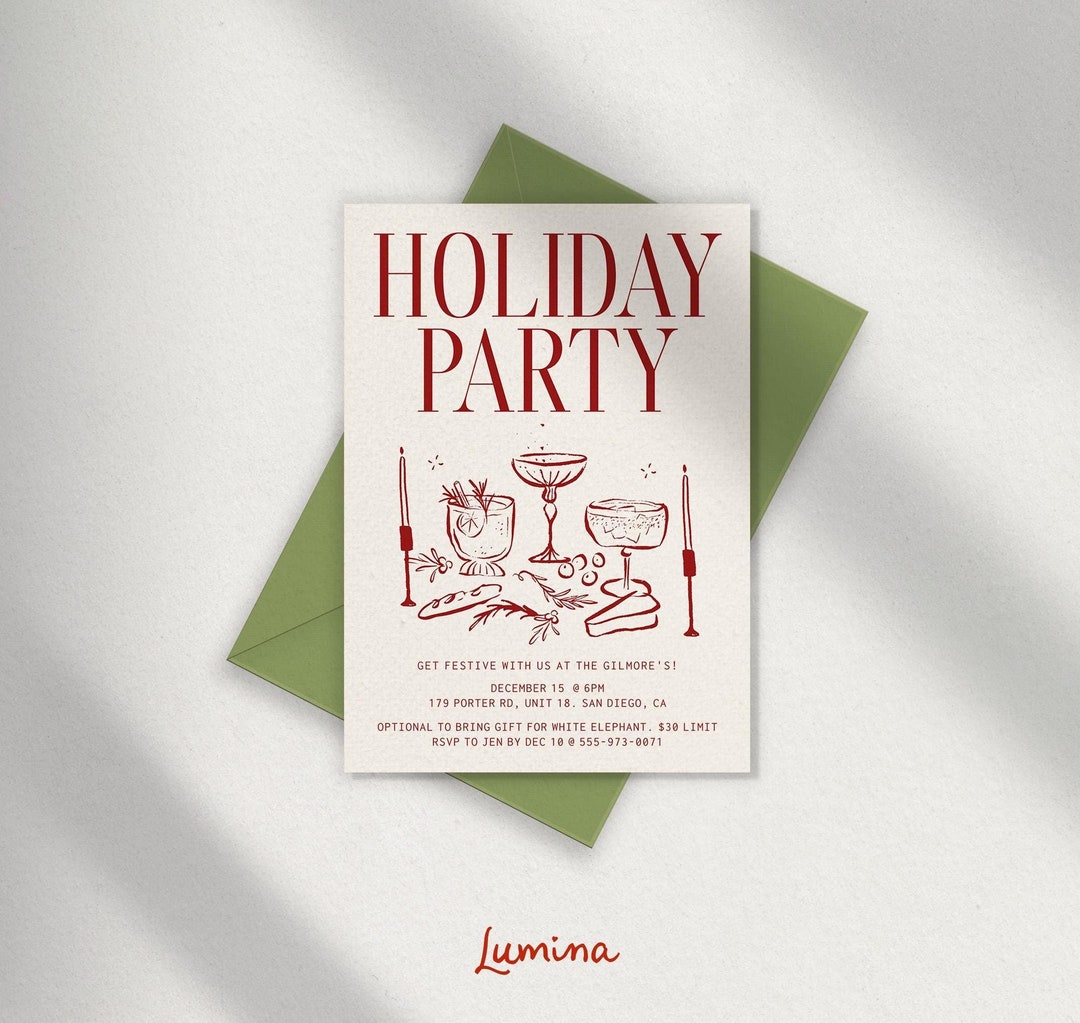 HOLIDAY PARTY INVITATION Template, Hand Drawn Christmas Cocktails ...