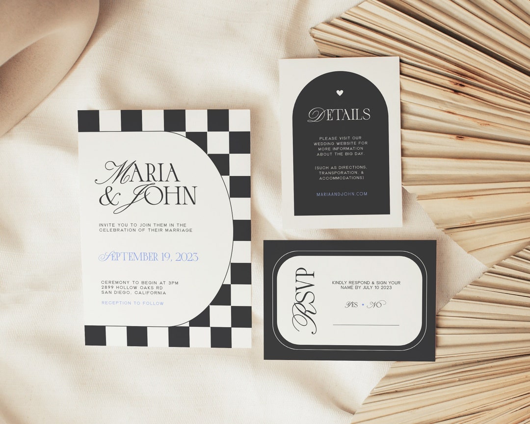 Checkered Wedding Invitation Suite With RSVP, Retro Wedding Invitation ...