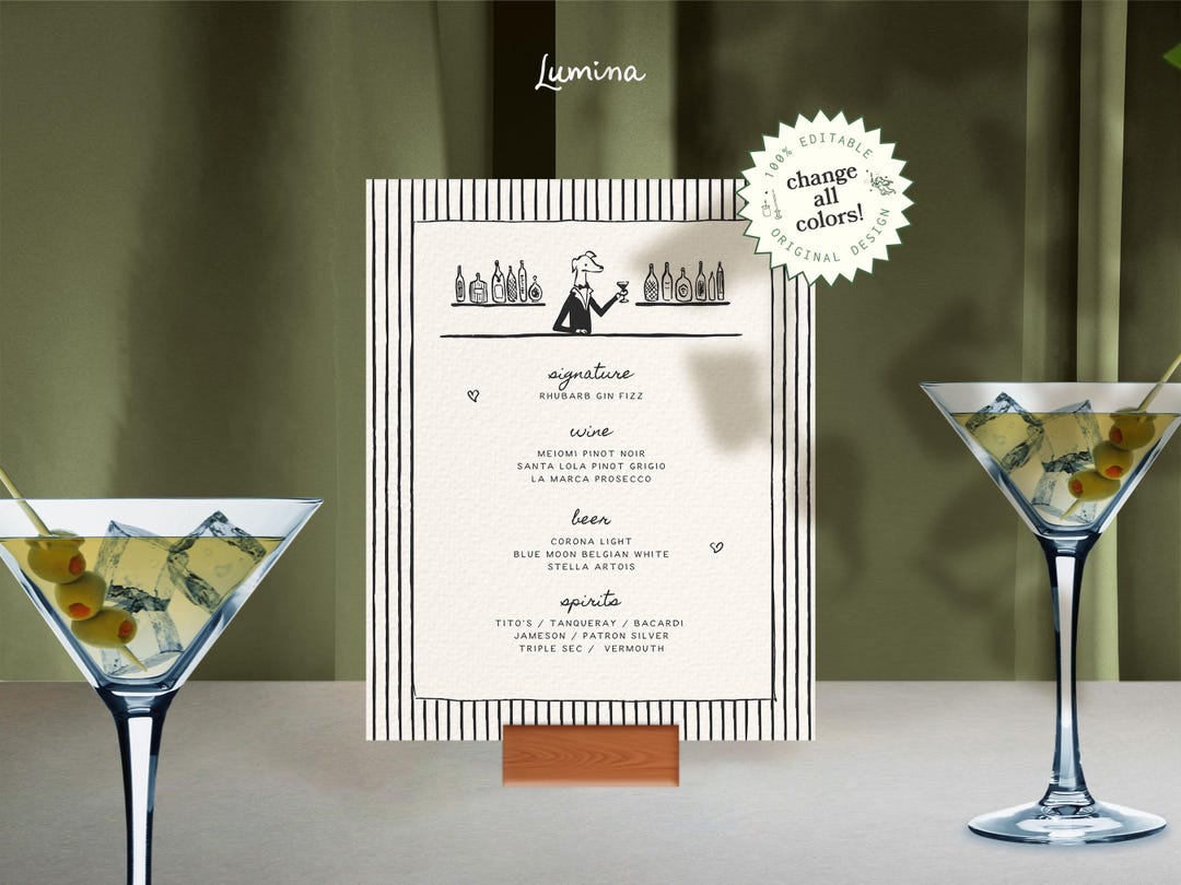 BARTENDER DOG SIGN Template, Hand Drawn Bar Menu, Striped Wedding ...