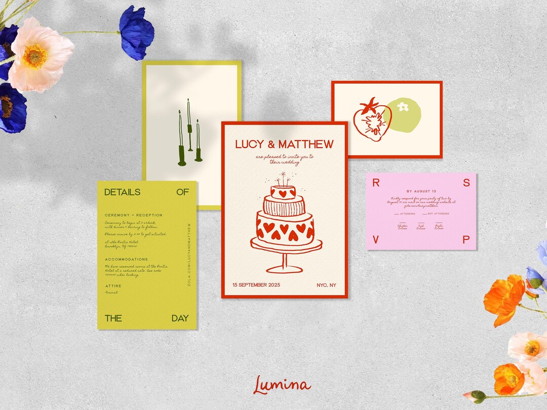 WEDDING INVITATION SET With Rsvp, Colorful Funky Wedding Suite, Hand ...