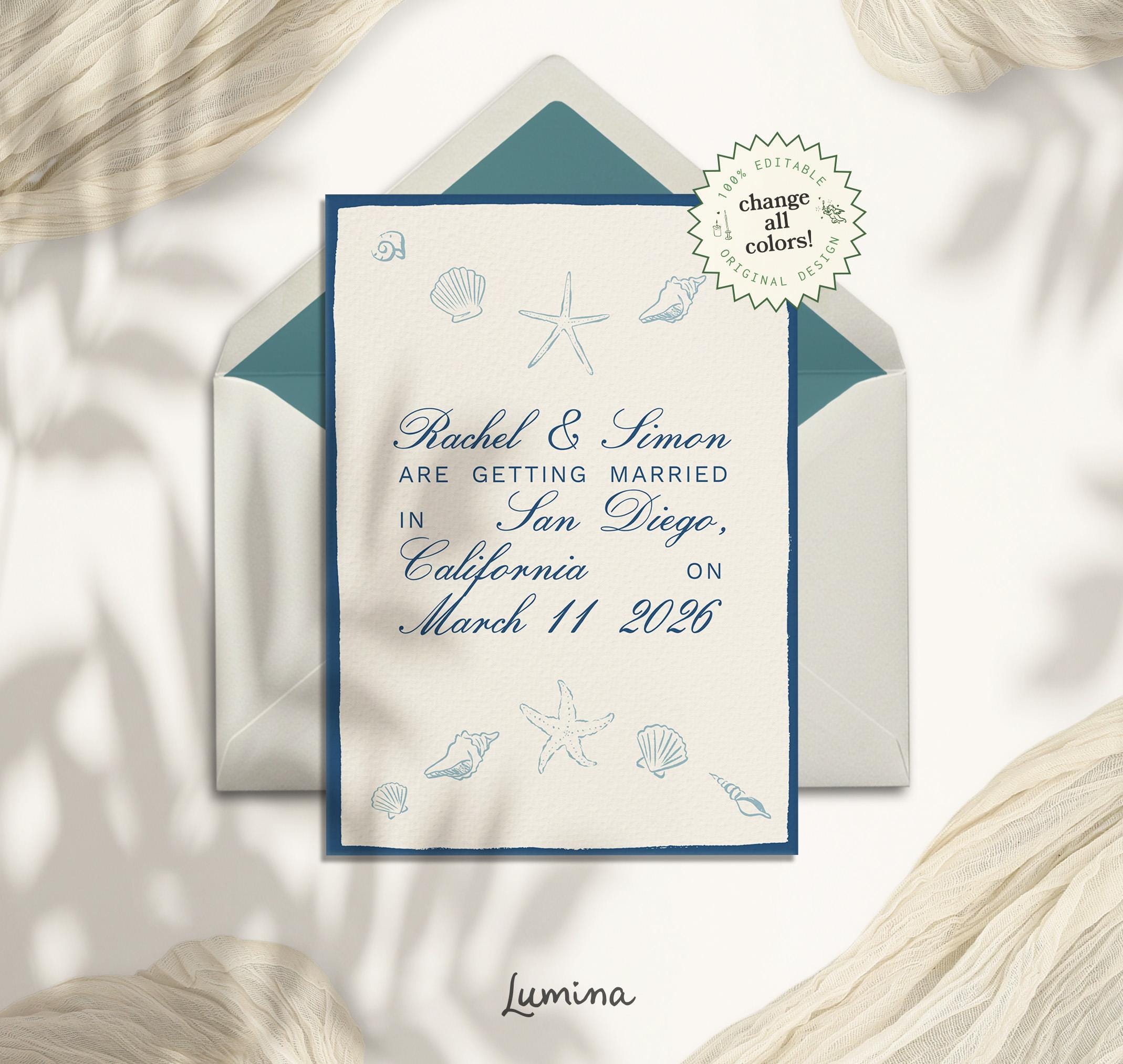 SAVE THE DATE Template, Coastal Wedding Invitation, Hand Drawn Shells ...